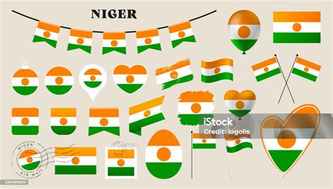 니제르 국기 세트 심장 방패 부활절 달걀 위치 원 소인 그런 지 광장 원형 및 직사각형 벡터 일러스트 레이 션과 같은 다양한