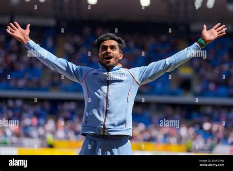Mens Triple Jump Gold Medalist Eldhose Paul Of India Gestures On The