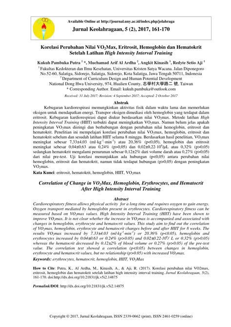 Pdf Korelasi Perubahan Nilai Vo2max Eritrosit Hemoglobin Dan Hematokrit Setelah Latihan High