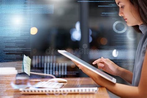 Digital Tablet Overlay Cybersecurity Data And Woman Programmer With