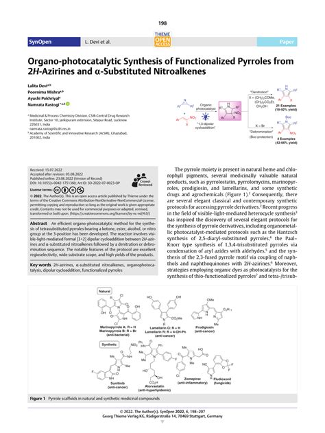 Pdf Organo Photocatalytic Synthesis Of Functionalized Pyrroles From 2 H Azirines And α