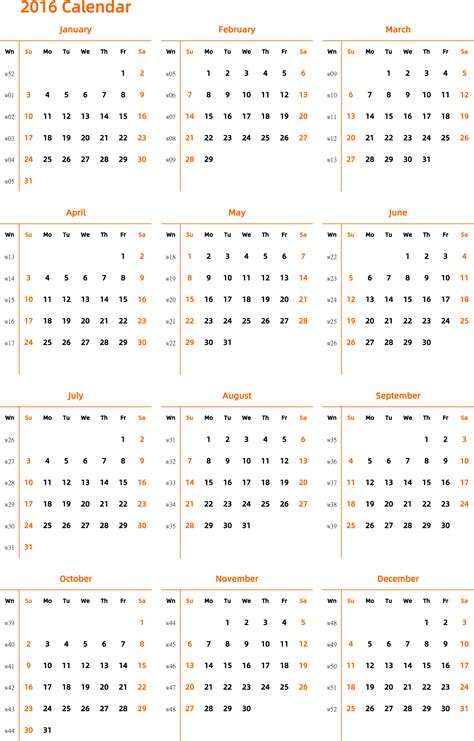 日历表2016年日历 英文版 纵向排版 周日开始 带周数 模板[df004] 日历精灵