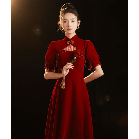 中式旗袍敬酒服新娘酒红色夏季复古长款订婚回门便装礼服女高级感虎窝淘