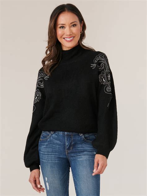 Long Blouson Sleeve Mock Neck Rhinestone Embroidered Sweater Democracy