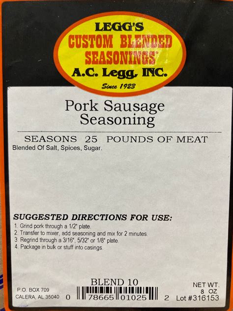 Ac Legg Pork Sausage Blend 10 Gulf Coast Seasoning And Butcher Supply