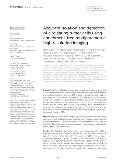 PDF Accurate Isolation And Detection Of Circulating Tumor Cells Using Enrichment Free