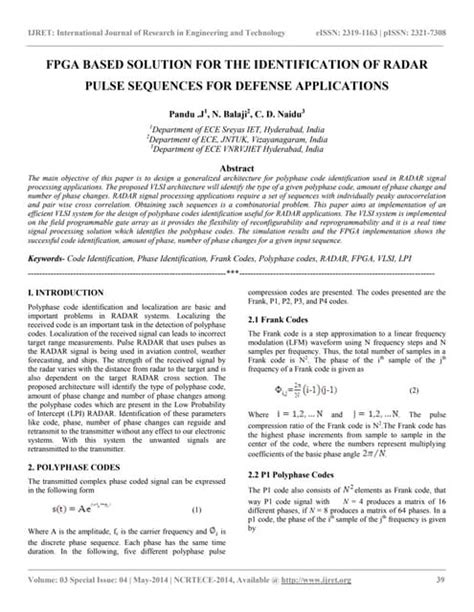 Fpga Based Solution For The Identification Of Radar Pulse Sequences For