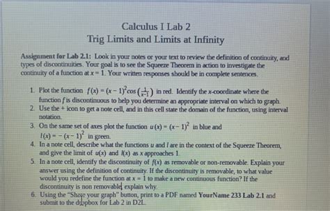 Calculus I Lab 2 Trig Limits And Limits At Infinity