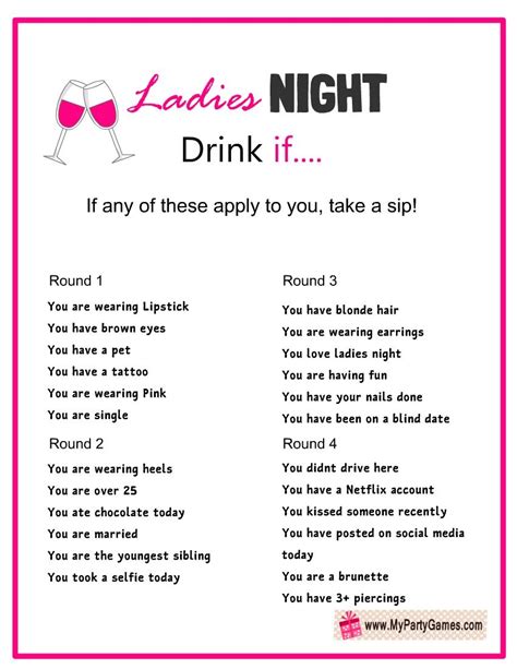 Free Printable Ladies Night Drink If Game