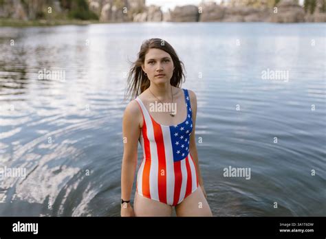 Woman In Patriotic Swimsuit Standing In Sylvan Lake Sd Stock Photo Alamy