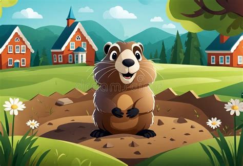 Happy Groundhog Day Ð Cheerful Brown Gopher Emerging From Its Burrow