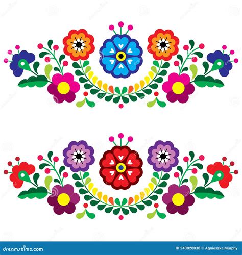 Mexican Folk Art Style Vector Floral Pattern Long Horizontal Oriented