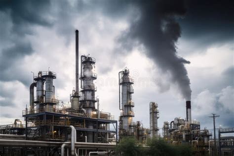 Refinery With Steam And Smoke Rising From The Process Of Extracting