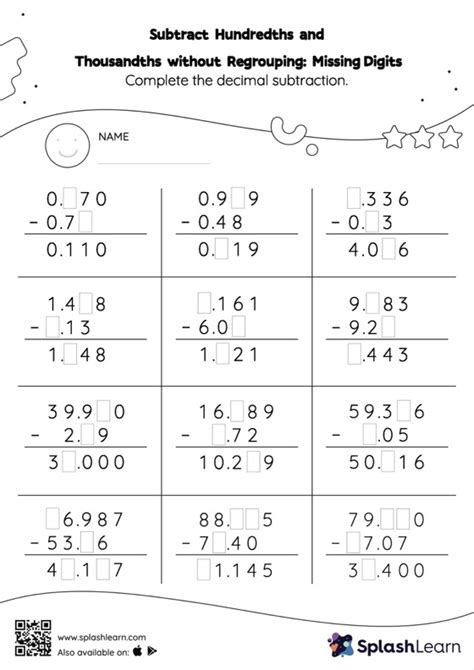Subtract Hundredths And Thousandths Without Regrouping Missing Digits Worksheet Printable