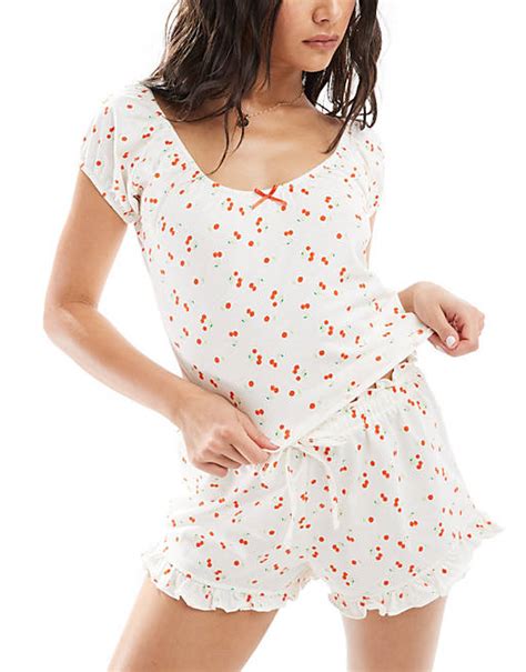 Asos Design Mix And Match Pyjama à Imprimé Cerises Et Bords Volantés
