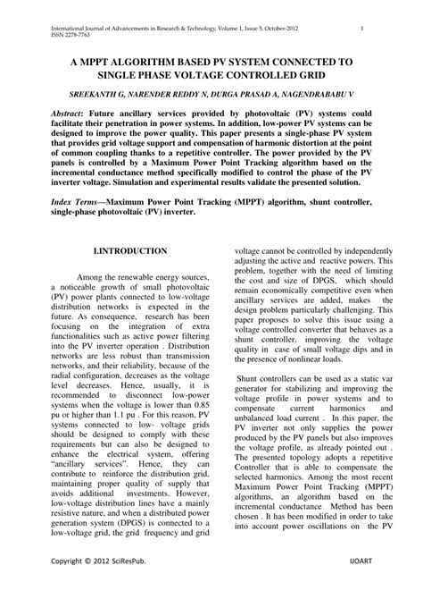 Pdf A Mppt Algorithm Based Pv System Connected To Single Phase