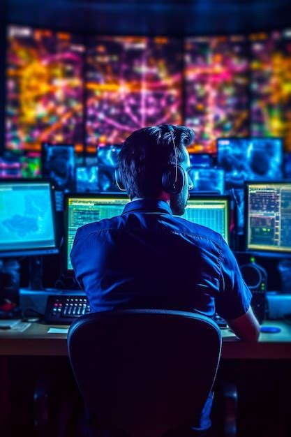 Premium Photo Man Sitting At Desk In Front Of Bunch Of Computer