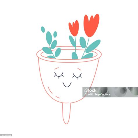 생리 기간 또는 월경 웃는 월경 컵과 함께 피는 꽃 안에 벡터 그림 꽃 식물에 대한 스톡 벡터 아트 및 기타 이미지 꽃 식물