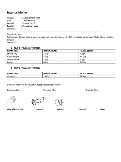 Internal Memo Edit Harga Penjualan Pdf