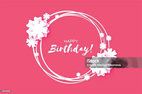 귀여운 생일 축 하 종이 컷 인사말 카드입니다 종이 접기 꽃 배경입니다 텍스트의 정사각형 프레임입니다 벡터 3차원 형태에 대한 스톡 벡터 아트 및 기타 이미지 Istock