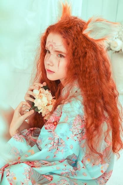 Premium Photo Young Redhaired Girl With Fox Ears And Tails Nine