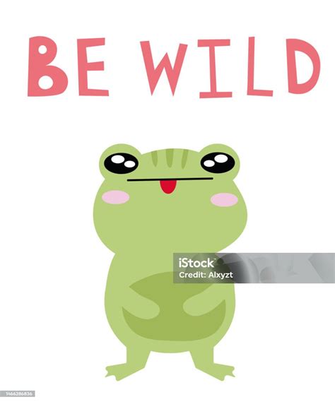 개구리의 귀여운 만화 그림입니다 텍스트는 야생입니다 귀여운 벡터 일러스트레이션 개구리 낙서 스타일 동기 부여 비문을 가진 개구리 간단한 평면 벡터 만화 그림 Eps 가공의