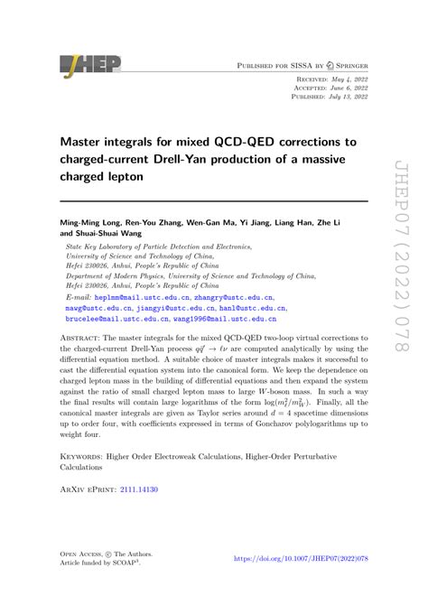 Pdf Master Integrals For Mixed Qcd Qed Corrections To Charged Current