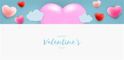 해피 발렌타인 데이 포스터 또는 파란색 배경에 하트 모양과 구름이 있는 배너 프로모션 및 쇼핑 템플릿 또는 사랑과 발렌타인 데이 개념에 대한 배경 14에 대한 스톡 벡터
