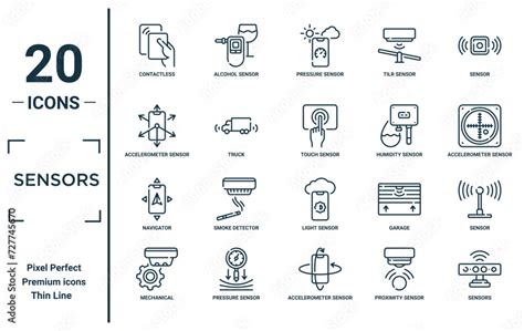 Sensors Linear Icon Set Includes Thin Line Contactless Accelerometer