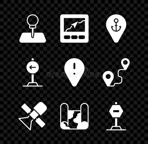 Set Push Pin Gps Device With Map Location Anchor Satellite Folded Stop Sign Traffic Turn