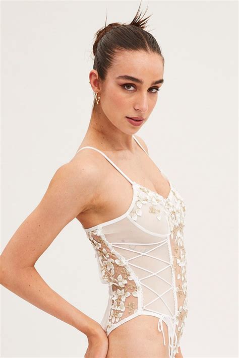 Womens White Appliques Mesh Lace One Piece Teddy Bodysuit Ally Fashion