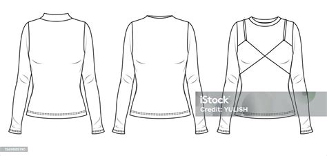 벡터 라운드넥 긴팔 티셔츠 패션 Cad 터틀넥 기술 도면 템플릿 스케치 플랫 모형이 있는 여성 겨울 상의 저지 또는 리브 패브릭 상단 앞면 뒷면보기 흰색 0명에 대한 스톡