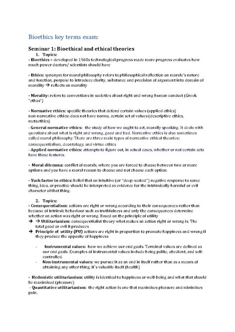 Bioethics Exam 2023 Bioethics Key Terms Exam Seminar 1 Bioethical