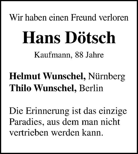 Traueranzeigen Von Hans Dötsch Trauer Nn De
