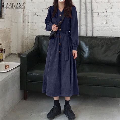 Zanzea Mulheres Elegante Botão Decote Em V Para Baixo Vestido de