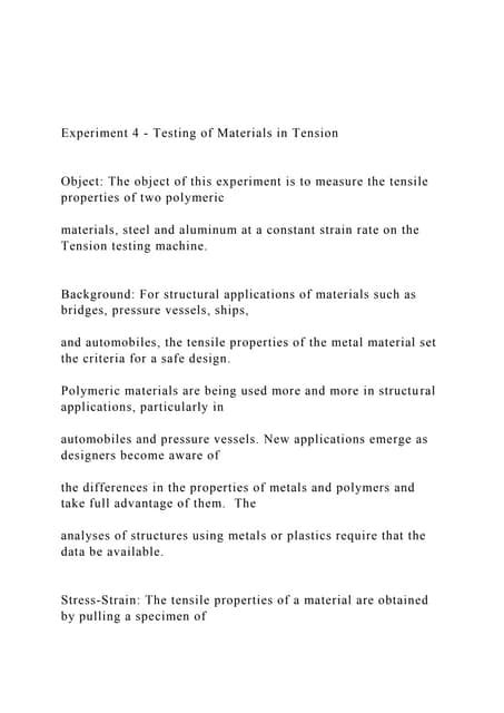 experiment 4 testing of materials in tension object docx