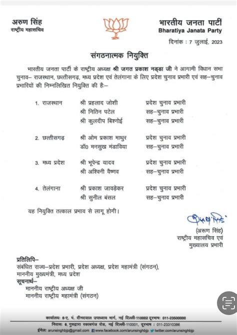 Assembly Elections 2023 Bjp Appoints Poll In Charges For Rajasthan