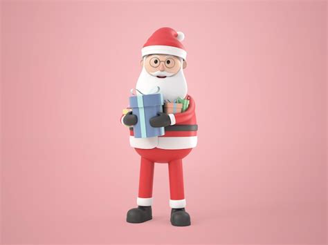 3d 그림 만화 캐릭터 산타 클로스는 선물을 들고 큰 선물 상자 격리 된 흰색 위에 앉아 있습니다 표현 무료 Psd 파일
