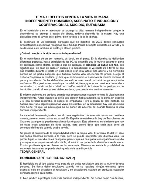 Tema 1 Delitos Contra La Vida Humana Independiente Homicidio