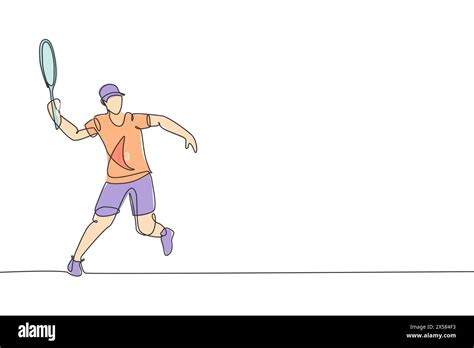 One Single Line Drawing Young Energetic Man Tennis Player Hit The Ball
