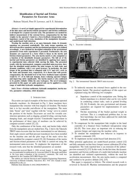 Identification Of Inertial And Friction Parameters For Excavator Arms Pdf Actuator Torque