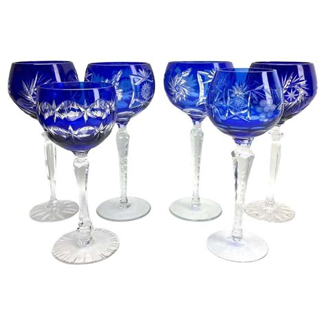 Crystal Mix Set Of 6 Cobalt Stem Glasses With Overlay Cut To Clear For