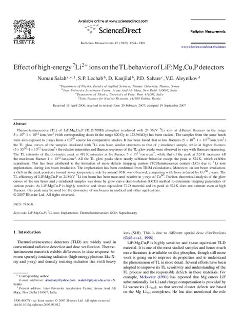 Pdf Effect Of High Energy Ions On The Tl Behavior Of Lif Mg Cu P Detectors