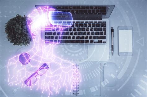 Premium Photo Ar Hologram Drawings Over Computer On The Desktop Background Top View Multi