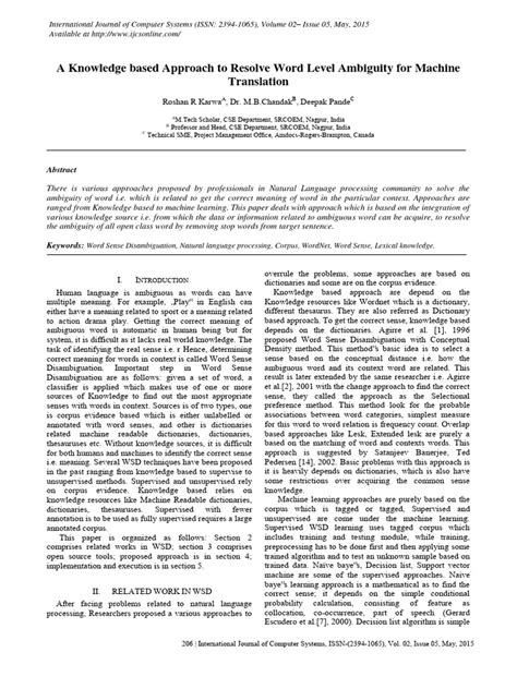 A Knowledge Based Approach To Resolve Wo Pdf Linguistics