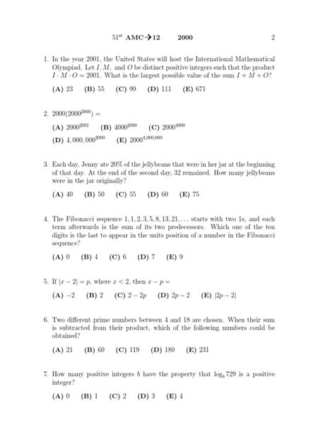 2000 Amc 12 Problems Pdf Elementary Geometry Geometry