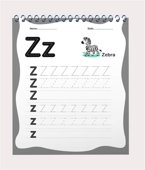 삽화가 포함된 무료 벡터 알파벳 Z 추적 워크시트 프리미엄 벡터