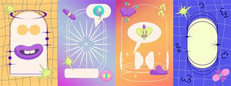 Y2k 포스터 세트 템플릿입니다 트리피 스티커와 프레임이 있는 90년대 복고풍 미학 Y2k 템플릿 트렌디 한 포스터 벡터 그림입니다 밀레니엄에 대한 스톡 벡터 아트 및 기타