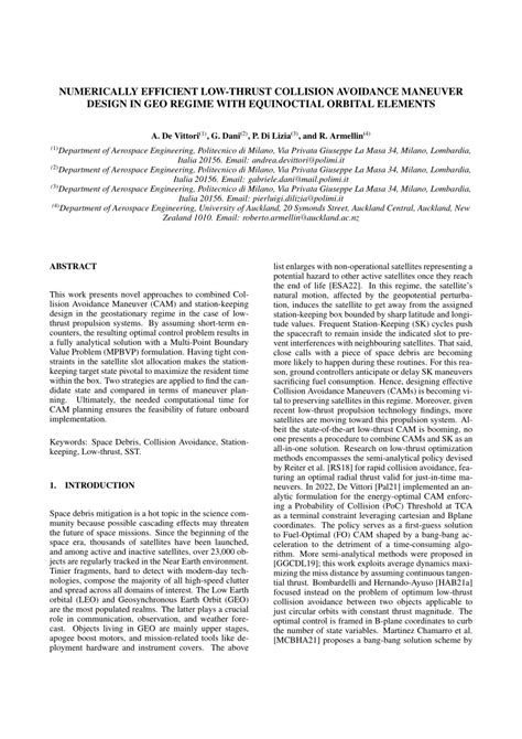 Pdf Numerically Efficient Low Thrust Collision Avoidance Maneuver
