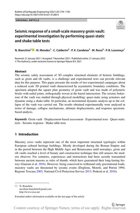 Seismic Response Of A Small Scale Masonry Groin Vault Experimental Investigation By Performing